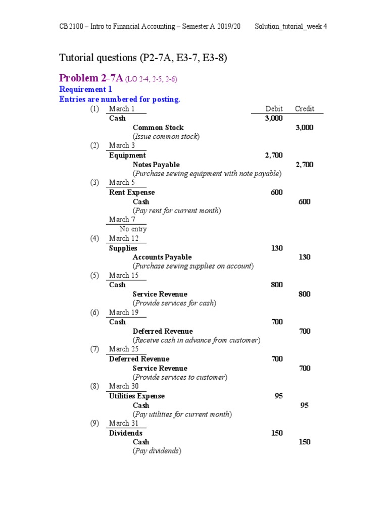 Week 3 Topic Tutorial Solutions CB2100 - 1920A | PDF | Debits And Credits | Expense
