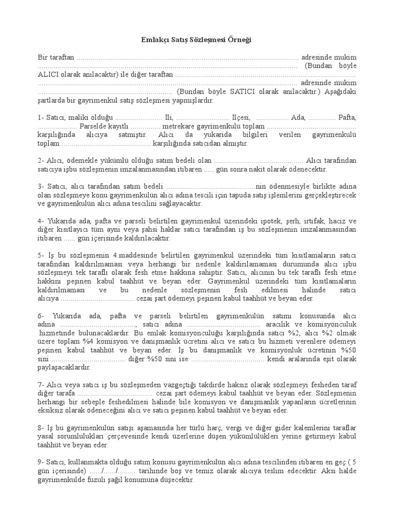 Emlakci Satis Komisyon Sozlesmesi | PDF