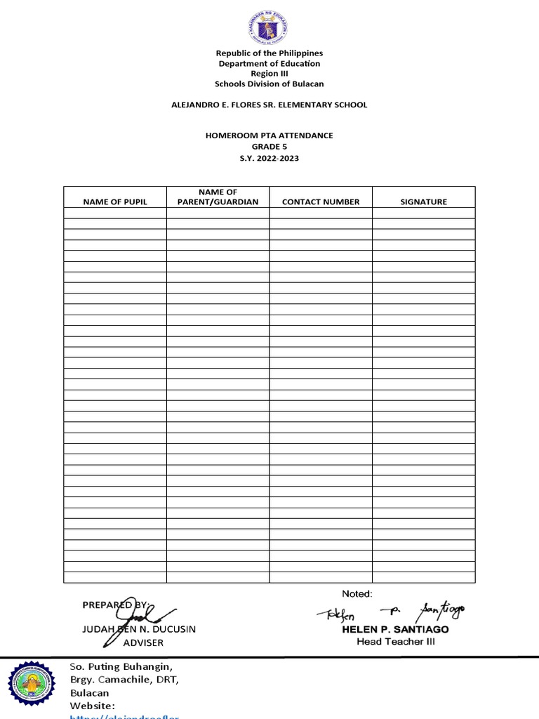 Grade 5 Homeroom PTA Attendance Sheet | PDF