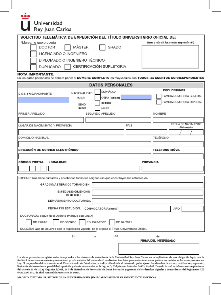 Solicitud Título Universitario URJC | PDF