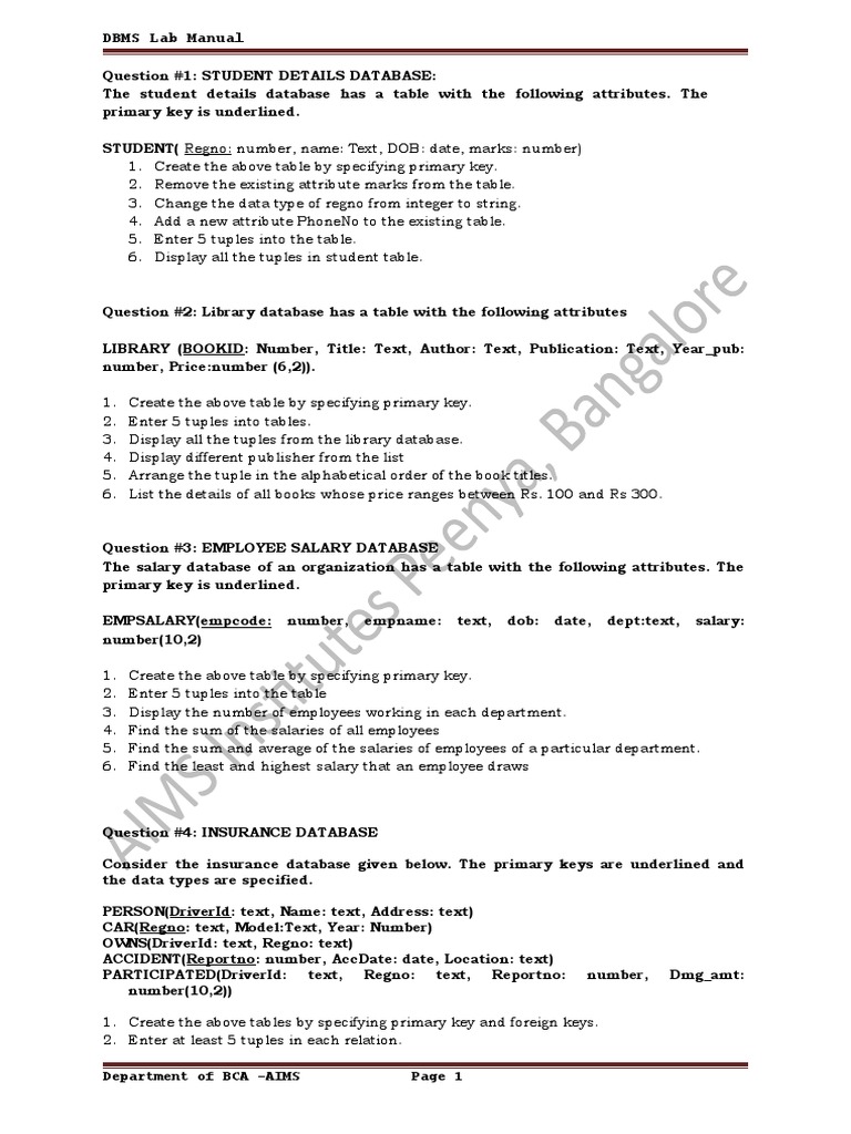 DBMS Lab Manual | PDF | Relational Database | Databases DBMS Lab Manual | PDF | Relational Database | Databases