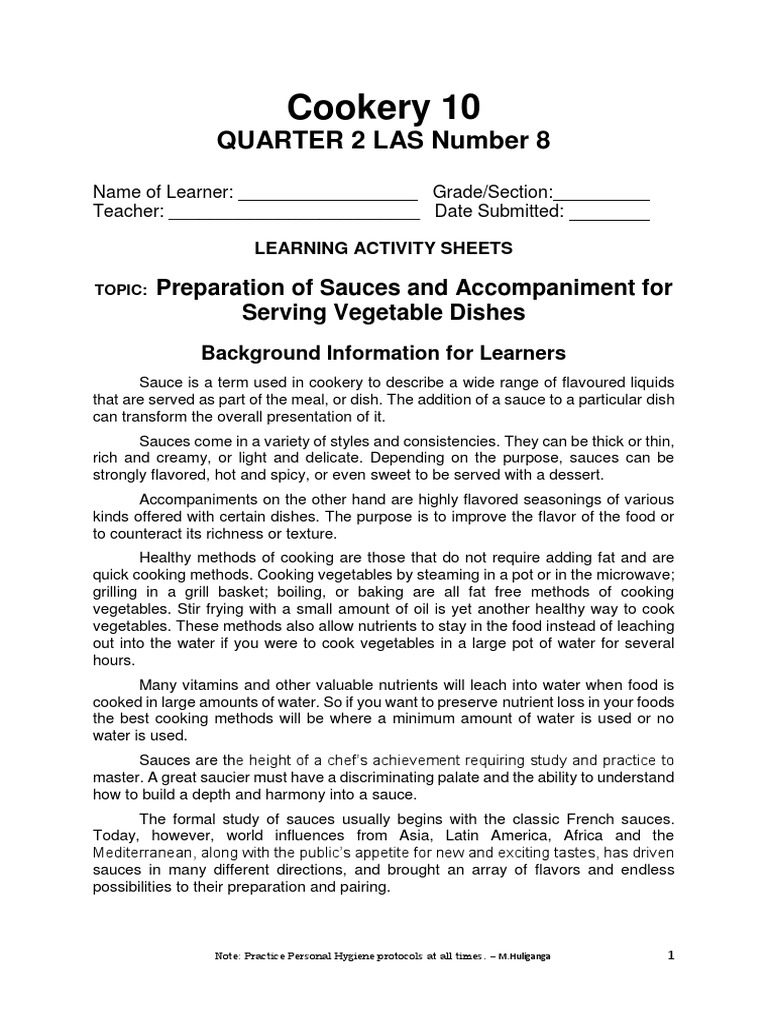 Cookery 10 Quarter 2 Las No. 8 | PDF | Sauce | Cooking