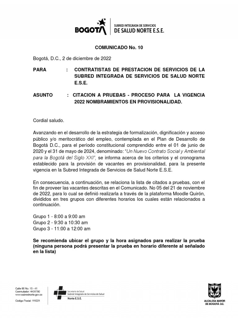 COMUNICADO No. 10 CITACION A PRUEBAS | PDF | Enfermería | Medicina
