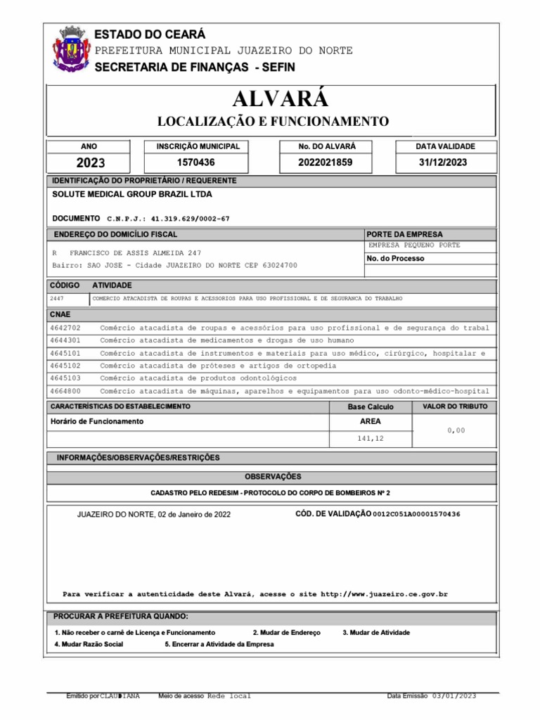 Alvara de Funcionamento - Filial | PDF