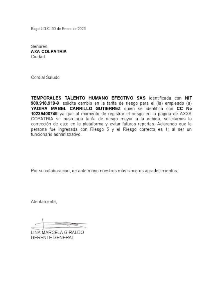 Solicitud de corrección de tarifa de riesgo | PDF