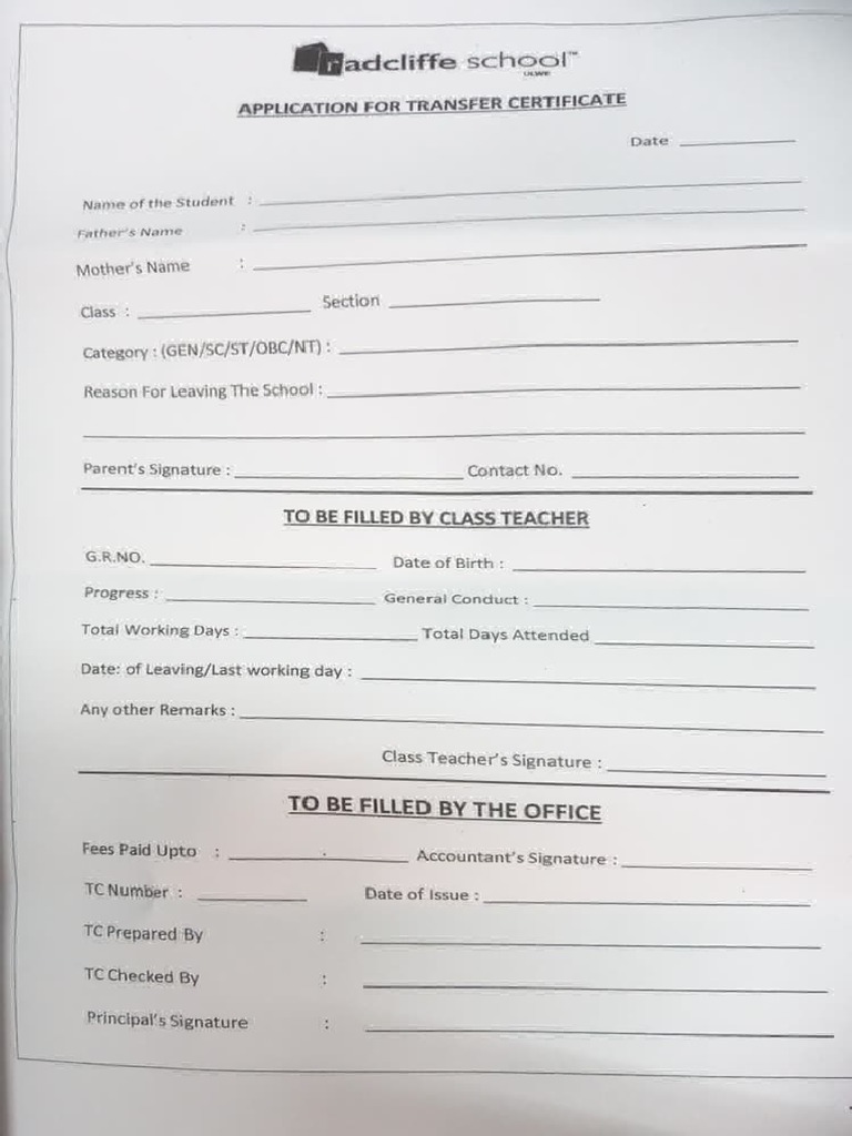 Gadcliffe School Transfer Certificate Form | PDF