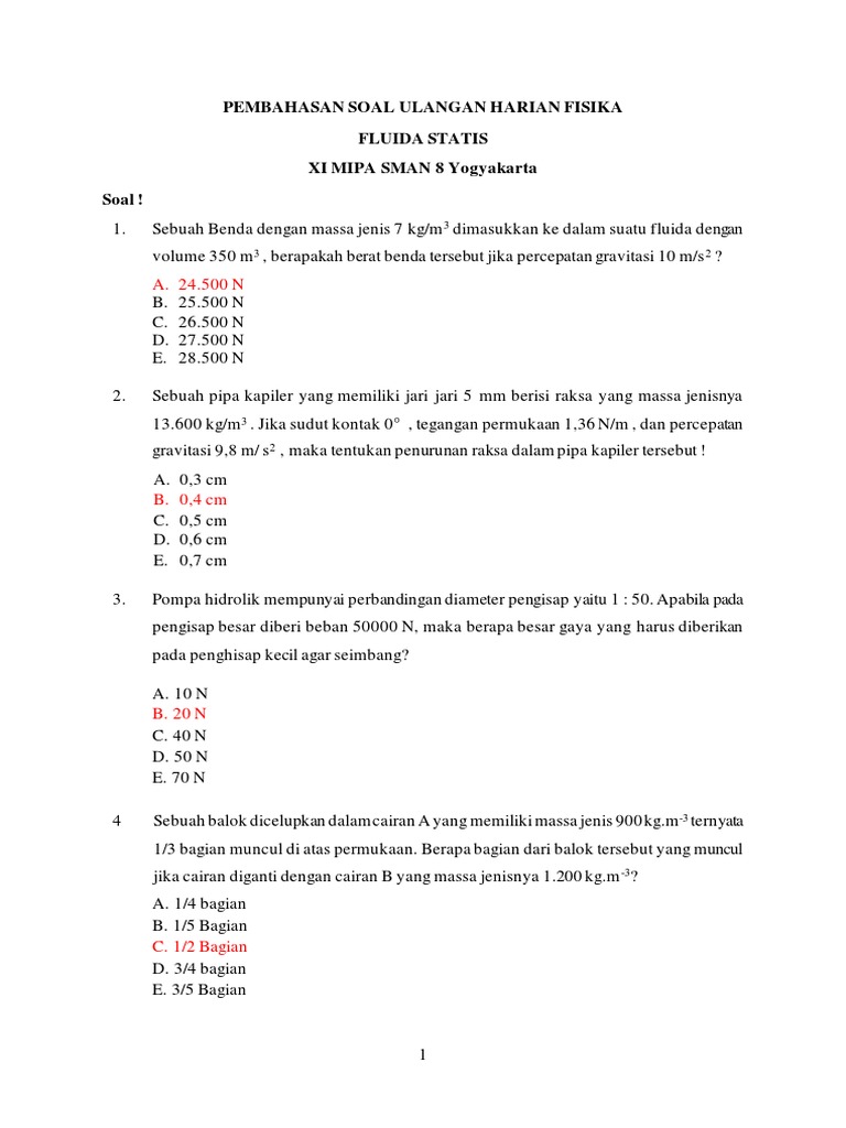 Soal Dan Pembahasan Ulangan Harian Fisika - Fluida Statis - Kelas XI SMA | PDF