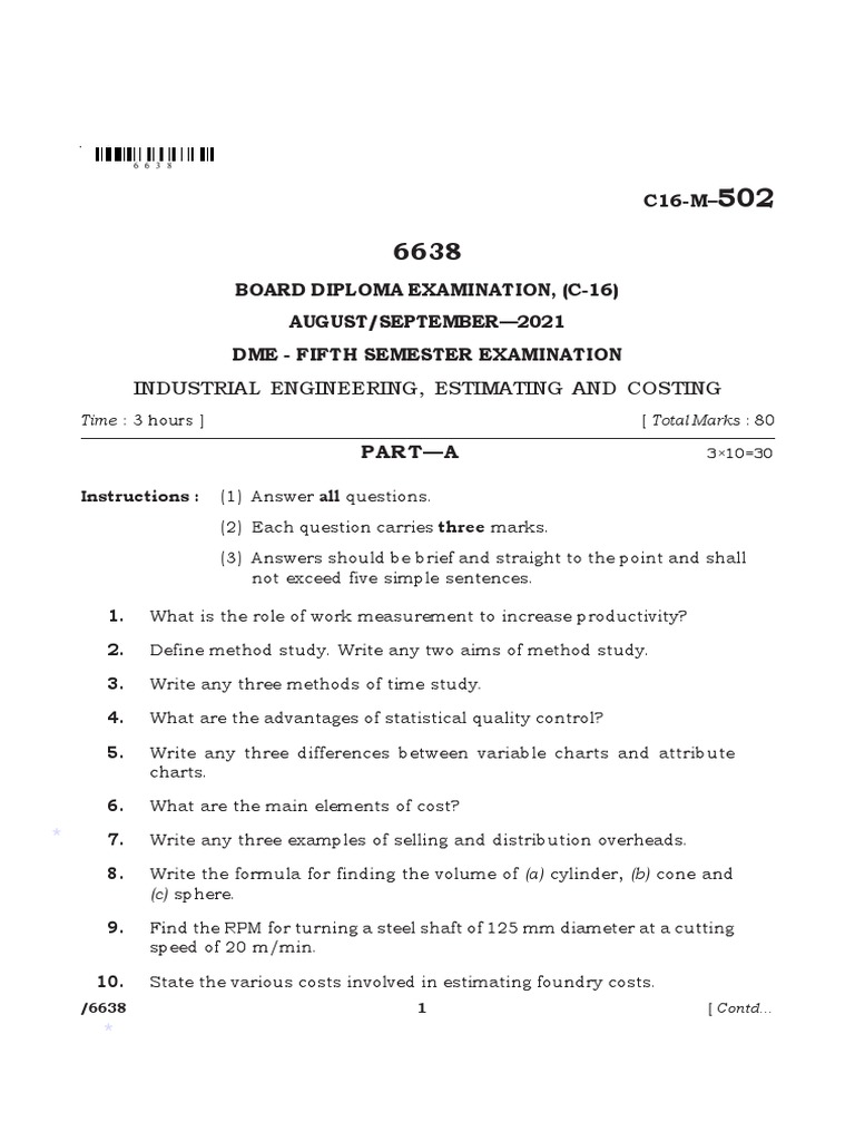 Industrial Engineering, Estimating and Costing Aug-Sept 2021 | PDF
