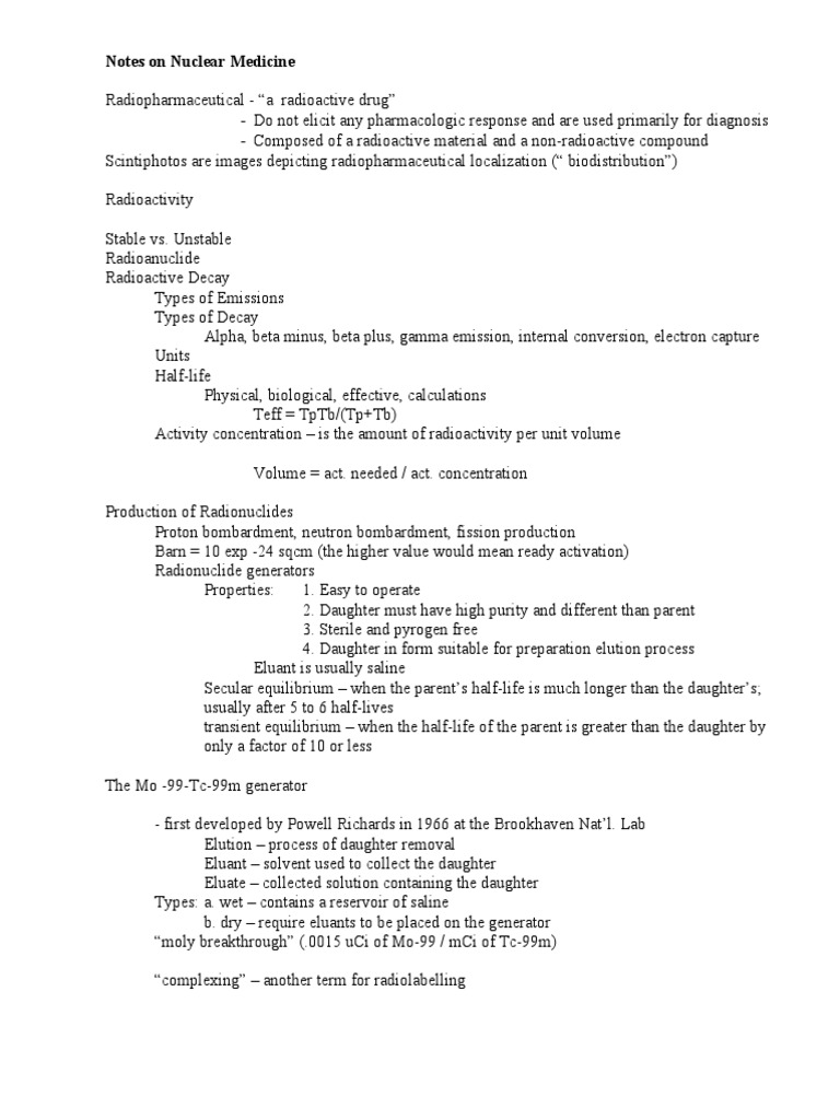 Notes On Nuclear Medicine | PDF | Radionuclide | Radioactive Decay