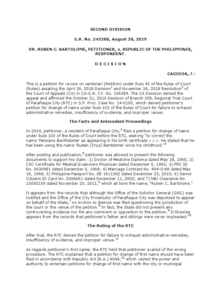 DR. RUBEN C. BARTOLOME, PETITIONER, v. REPUBLIC OF THE PHILIPPINES, RESPONDENT. | PDF | Justice ...