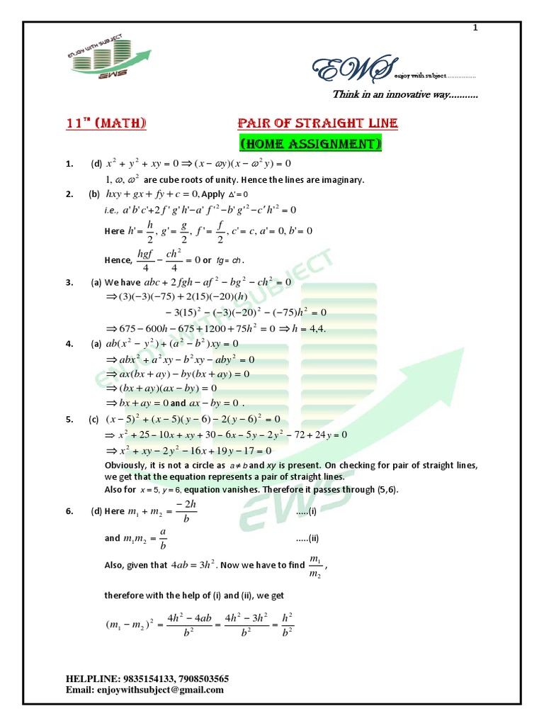 Solution of 11th Math Pair of Straight Line Home Assignment | PDF ...