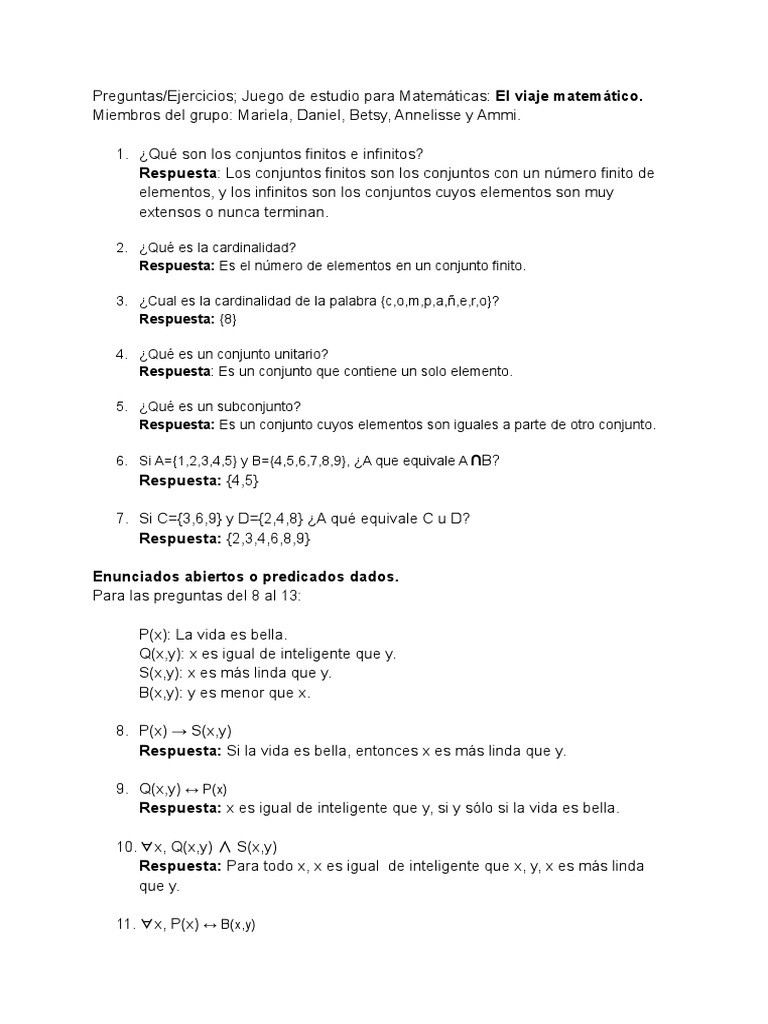 Preguntas - Ejercicios - Juego de Estudio para Matemáticas | PDF ...