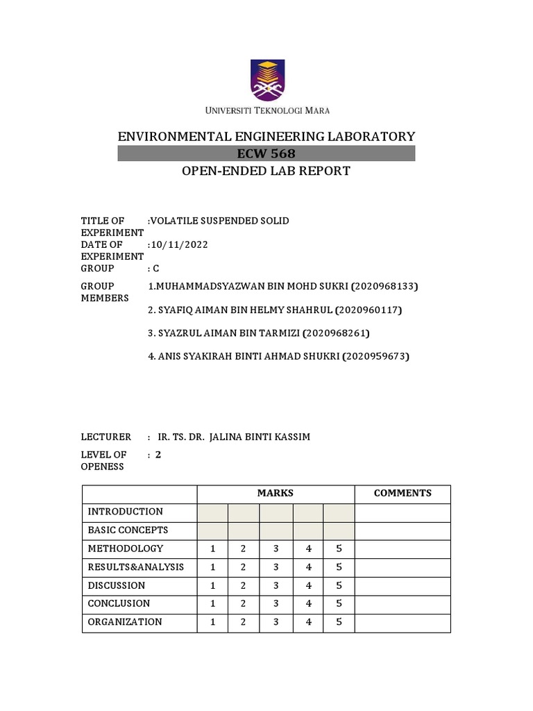 Environmental Engineering Laboratory Open-Ended Lab Report: Marks Comments | PDF