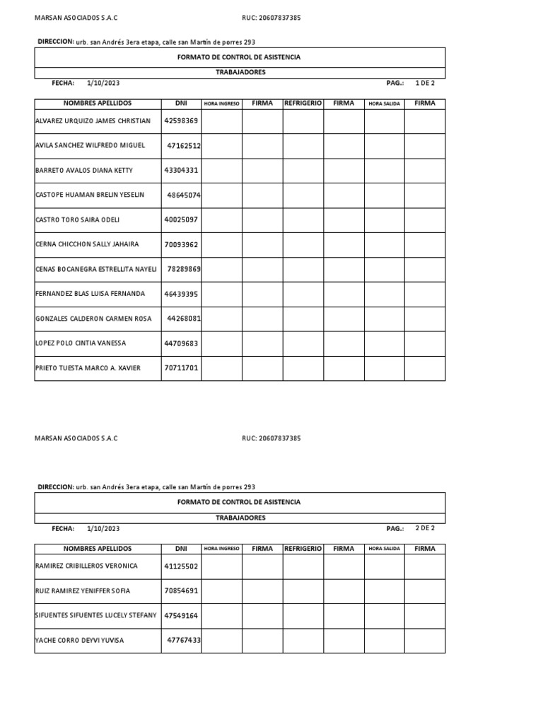 Modelo De Formato De Asistencia