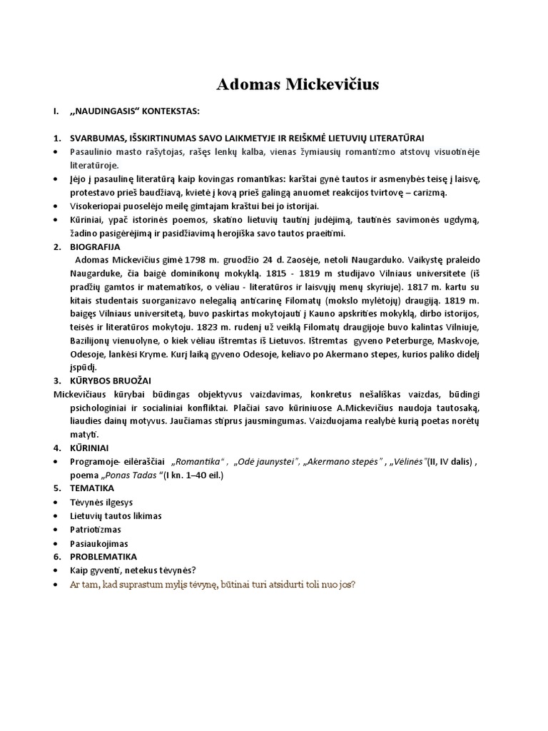 Adomas Mickevicius Konspektas | PDF