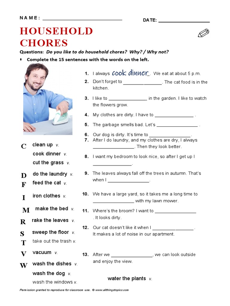 Household Chores Exercise | PDF | Housekeeping | Cleaning