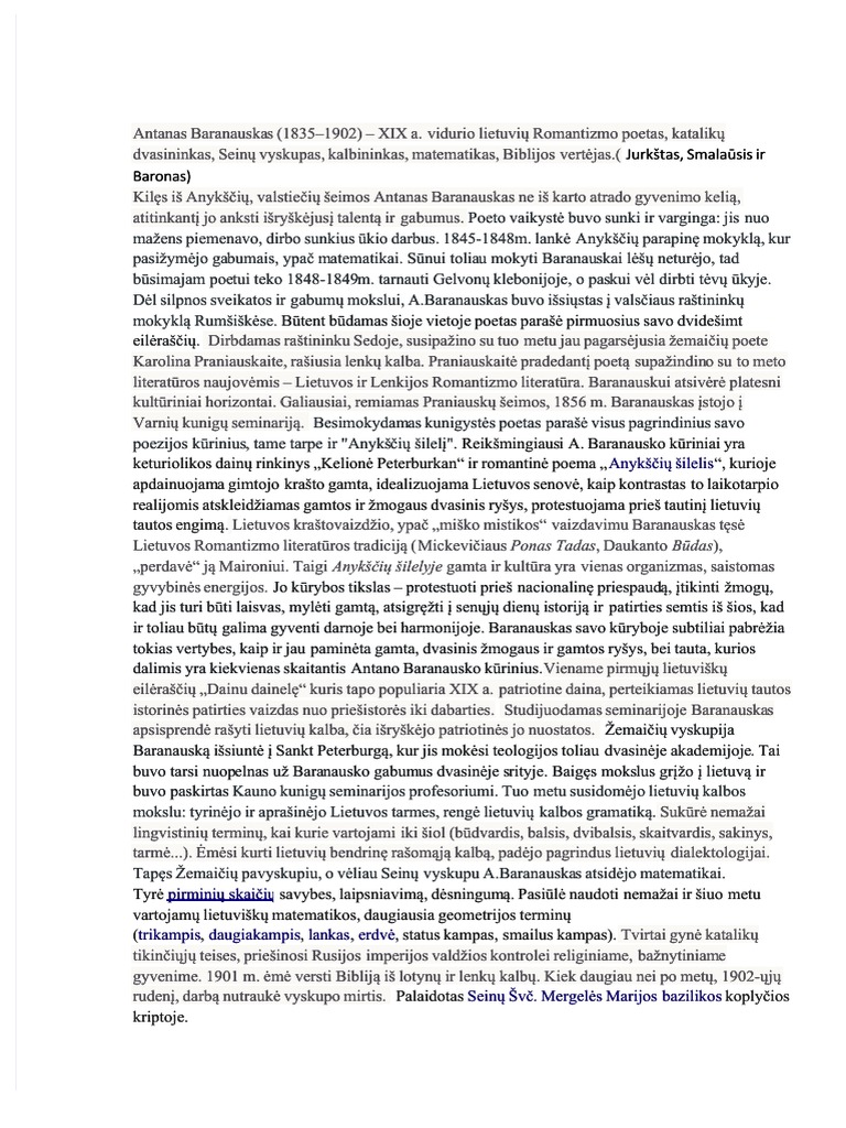 Antanas - Baranauskas Konspektas | PDF