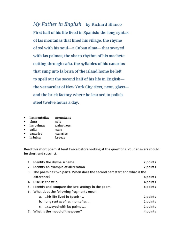 My Father in English by Richard Blanco | PDF