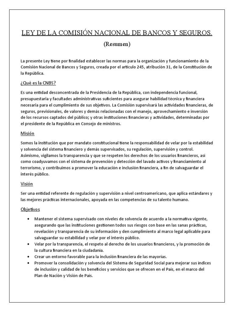 Ley de La Comisión Nacional de Bancos y Seguros (Resumen) | PDF | Bancos | Seguro