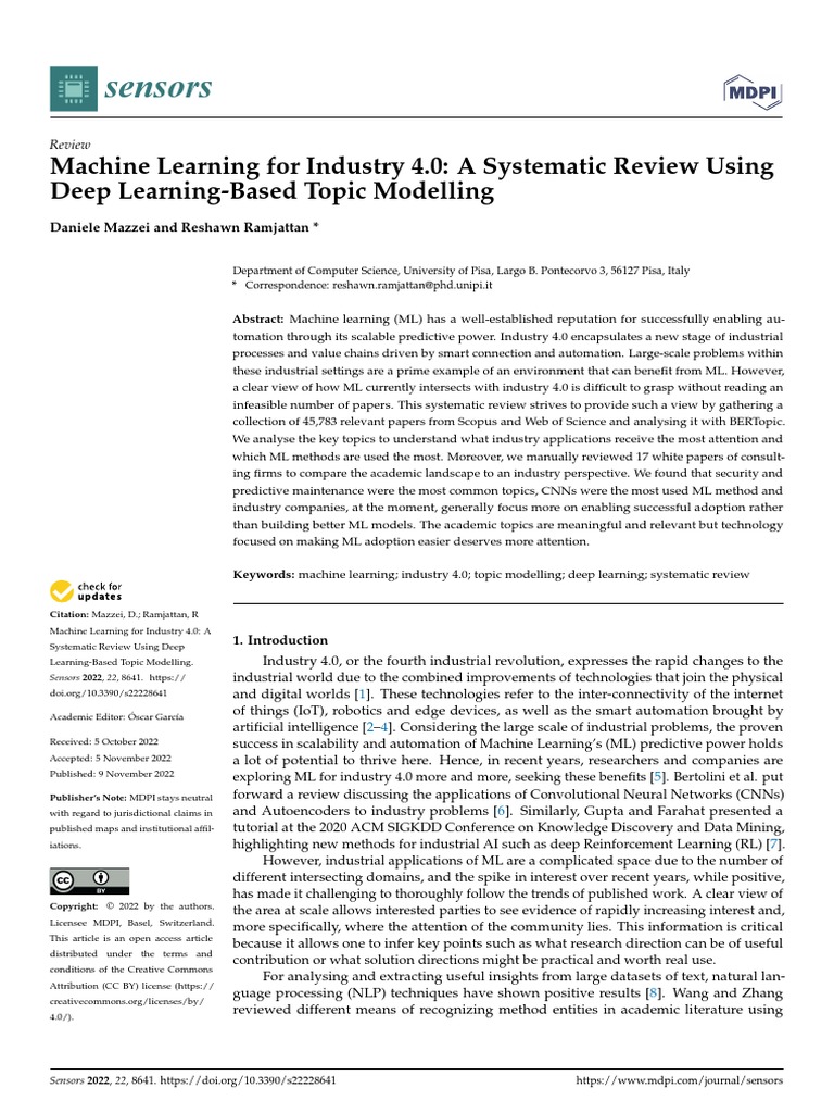Machine Learning For Industry 40 A Systematic Review Using Deep LearningBased Topic ...
