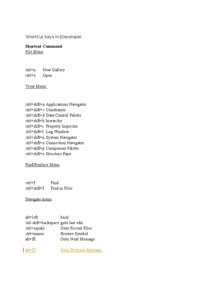 ShortCut Keys in JDeveloper | PDF | Teaching Methods & Materials