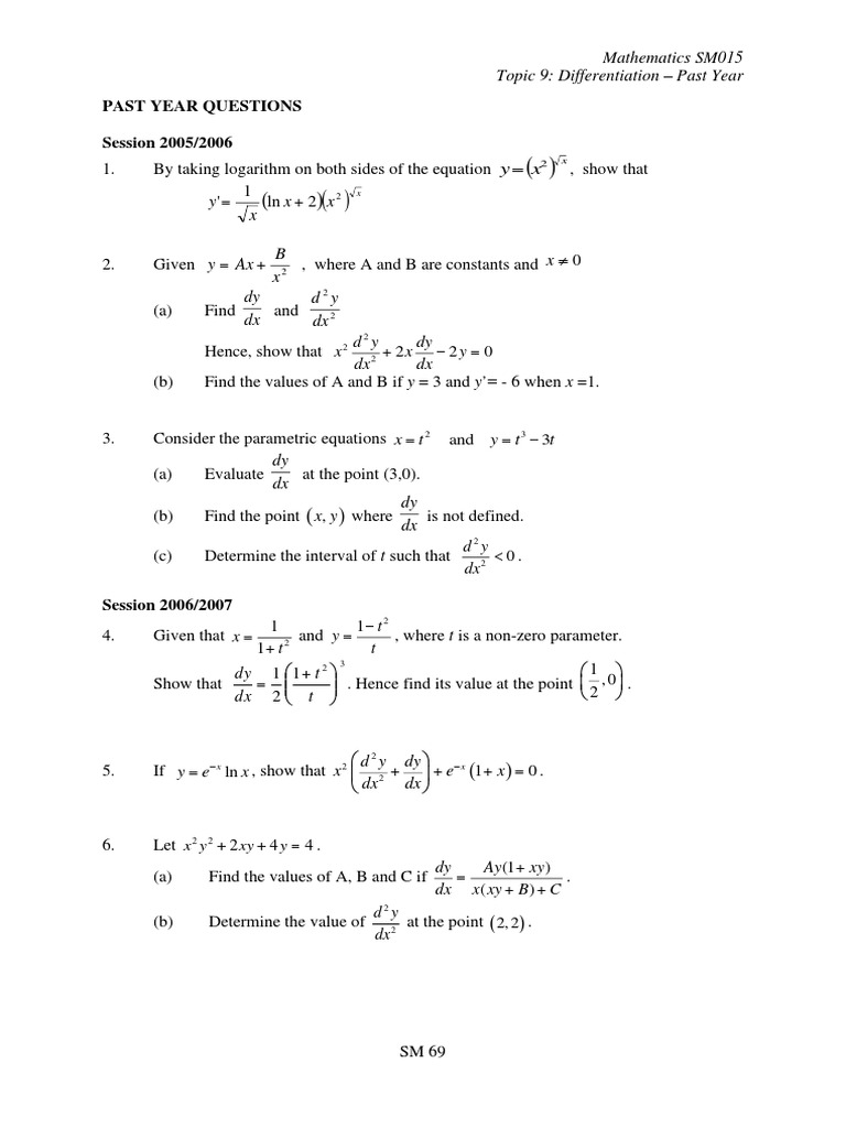 Topic 9 - Past Year Student Sm015 2022-2023 | PDF | Equations | Derivative