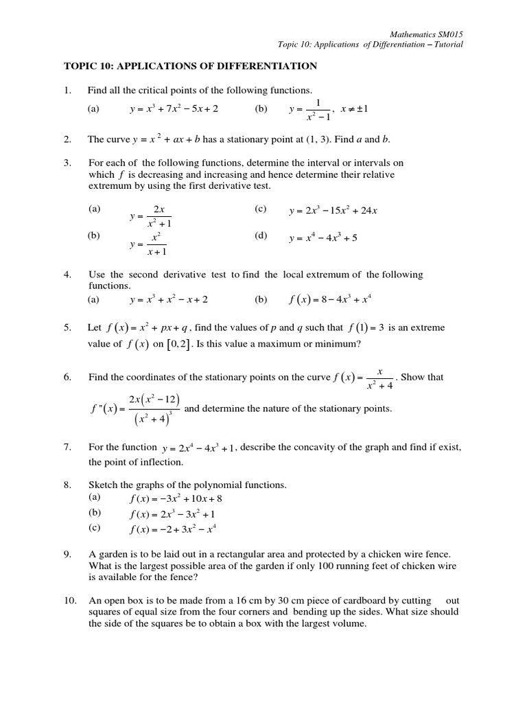 Topic 10 - Tutorial Student SM015 2022-2023 | PDF | Maxima And Minima | Area