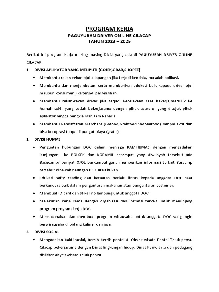 Program Kerja Paguyuban Driver Cilacap | PDF | Bisnis | Ilmu Sosial