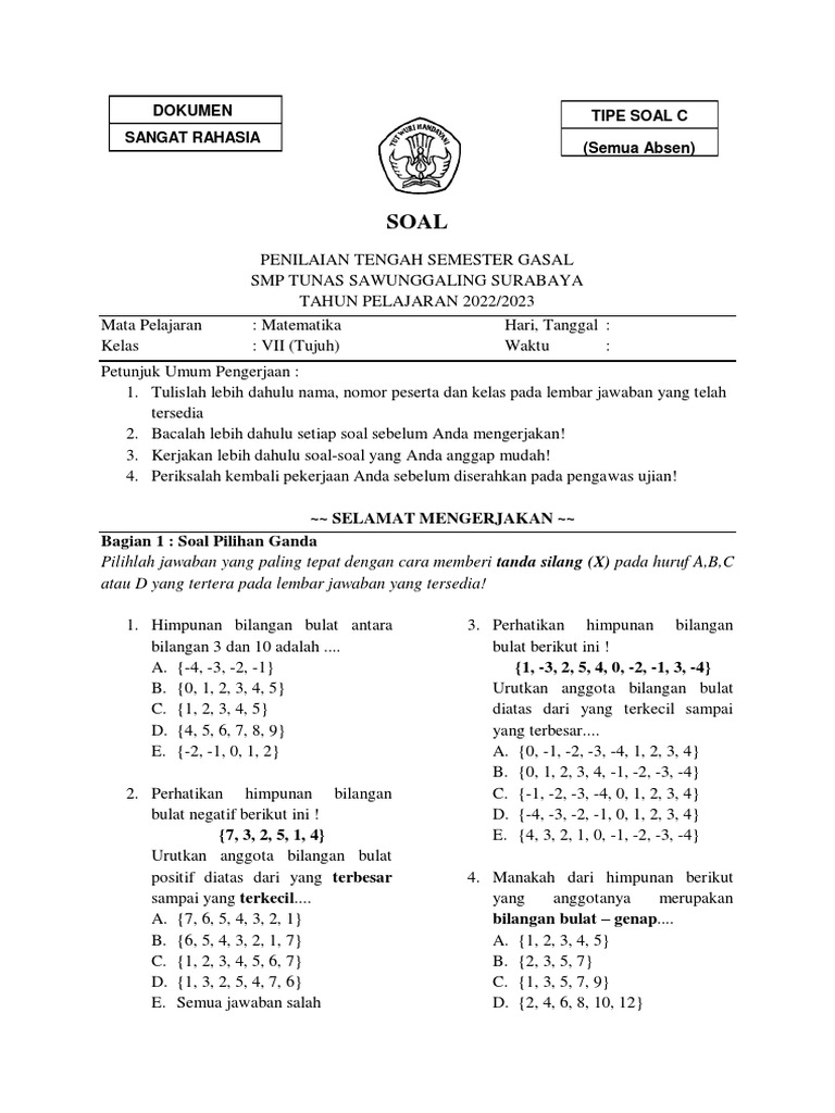 PTS Ganjil Kelas 7 - Tipe Soal C | PDF