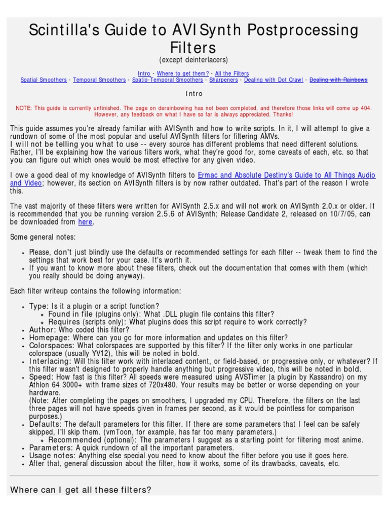 Scintilla Guide To Avisynth Postprocessing Filters | PDF | Wavelet ...