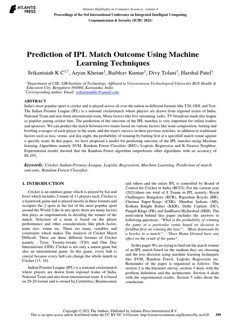 Prediction of IPL Match Outcome Using Machine Lear | PDF