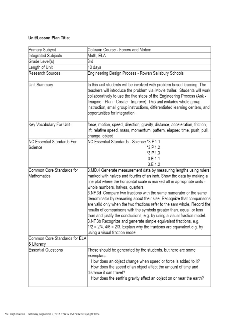 Unit - Lesson Plan - Collision - Forces and Motion Integrated Subjects ...