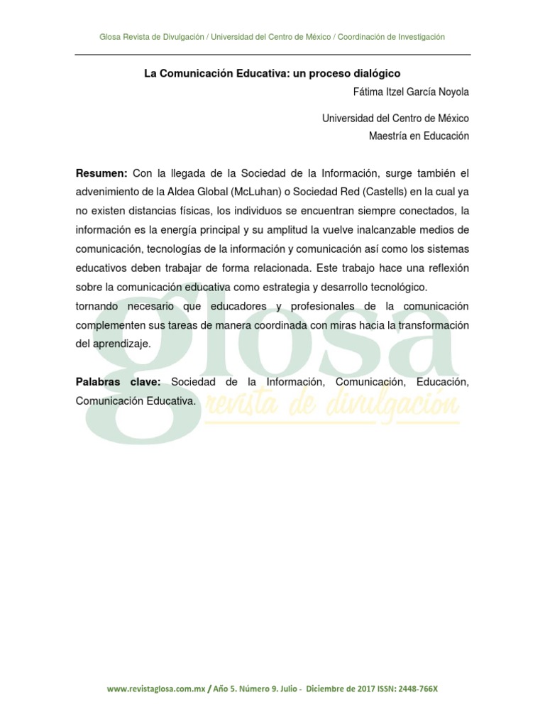 La Comunicación Educativa: Un Proceso Dialógico | PDF | Comunicación ...