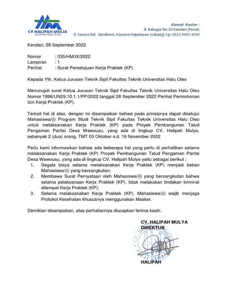 Persetujuan KP CV Halipah Mulya | PDF