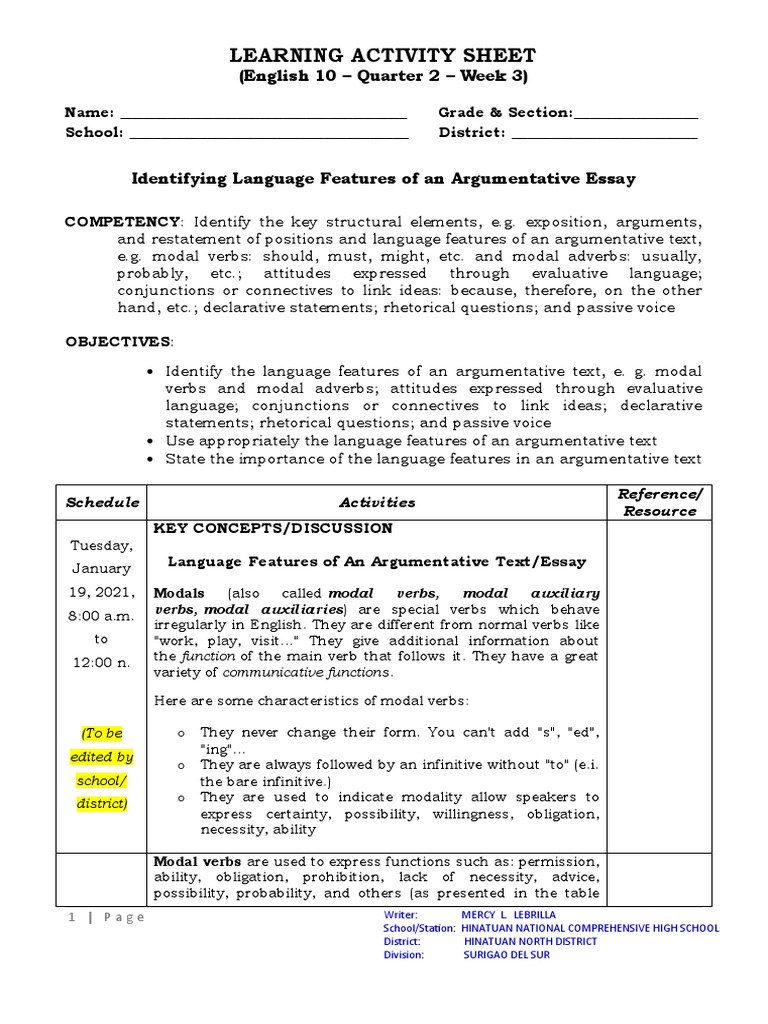 LAS q2 English10 Week3 v2 | PDF | Verb | Question