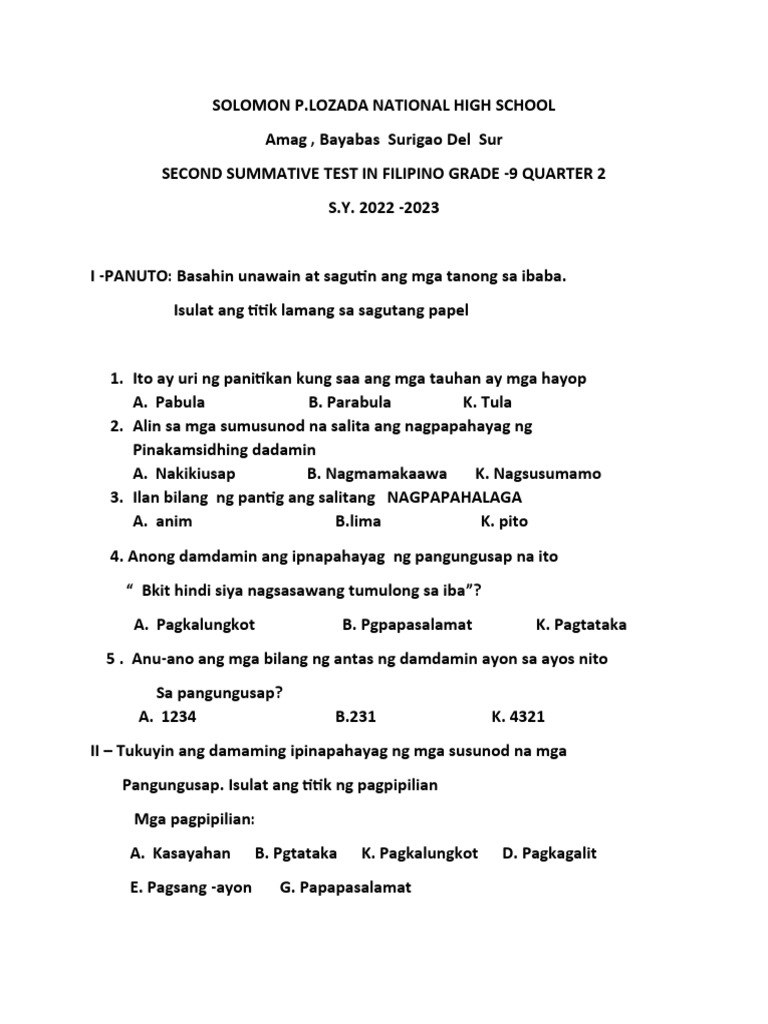 2nd Summative Test in Filipino 9 Q2 | PDF