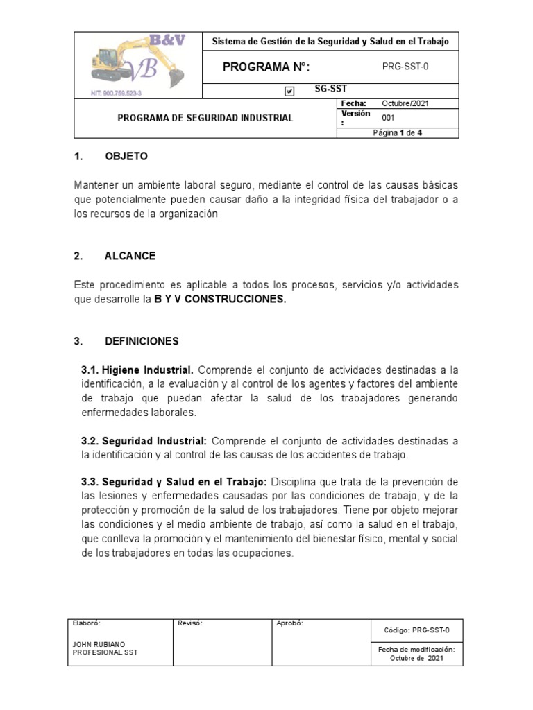 PRG-SST-011 Programa de Seguridad Industrial | PDF | Seguridad y salud ocupacional