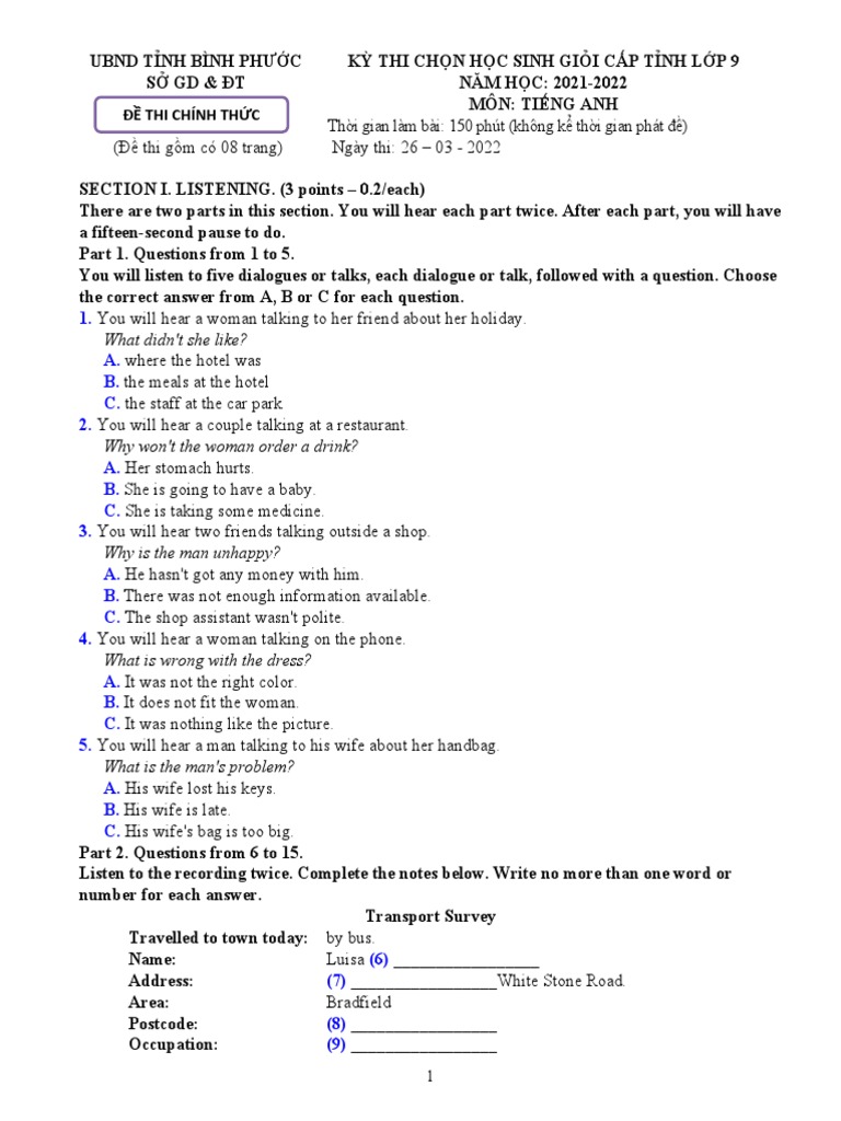 ĐỀ TH CHÍNH THỨC HSG ANH 9 TỈNH BÌNH PHƯỚC 2021- 2022 | PDF | Angkor | Climate Change