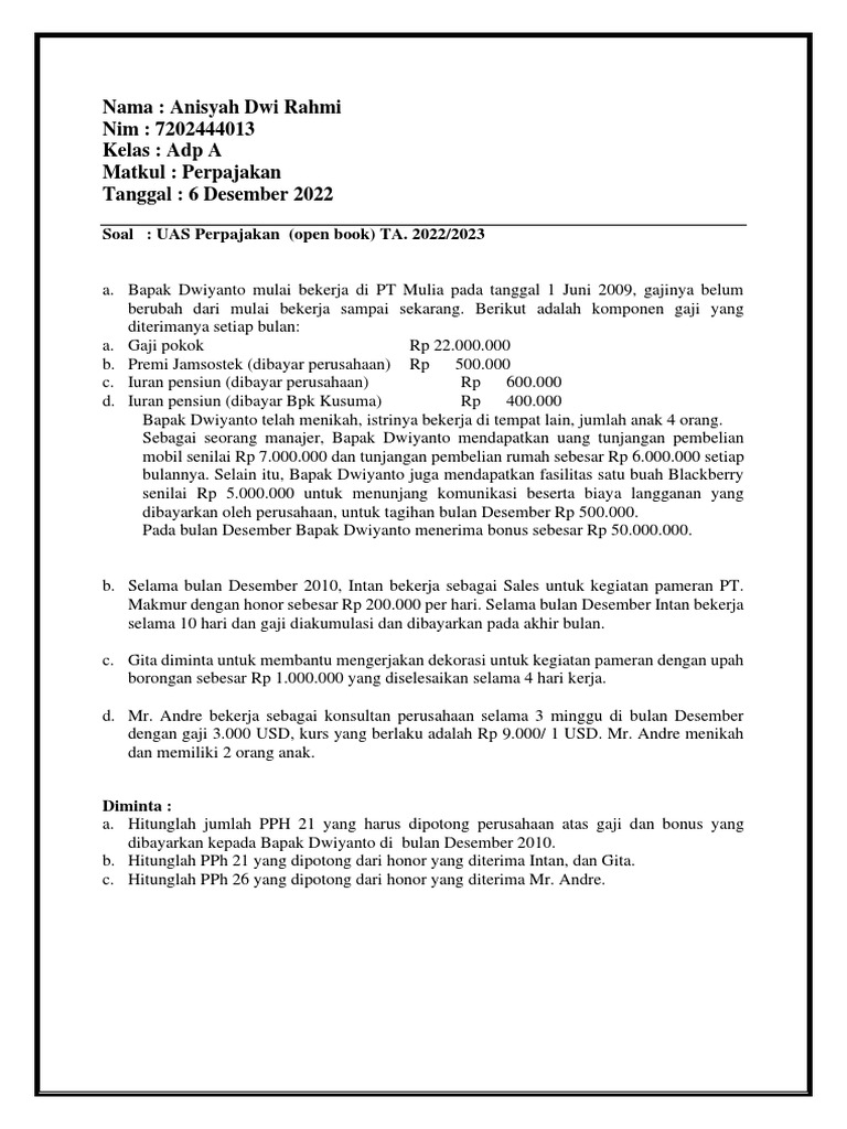 Uas Perpajakan Anisyah Dwi Rahmi | PDF