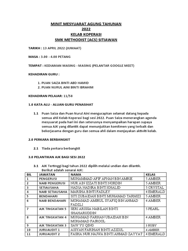 MINIT MESYUARAT AGUNG kelab koperasi 2022 | PDF