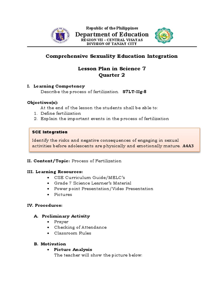 Lesson Plan in Science 7 (SCE) | PDF | Fertilisation | Adolescence