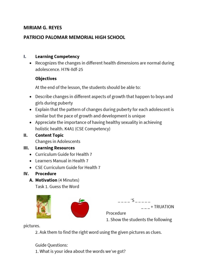 Lesson Plan in Health 7 CSE | PDF | Endocrine System | Adolescence Lesson Plan in Health 7 CSE | PDF | Endocrine System | Adolescence