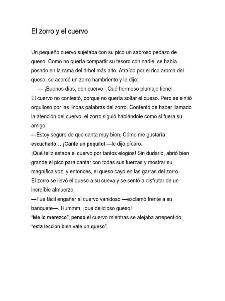 El zorro y el cuervo: fábula y lección | PDF