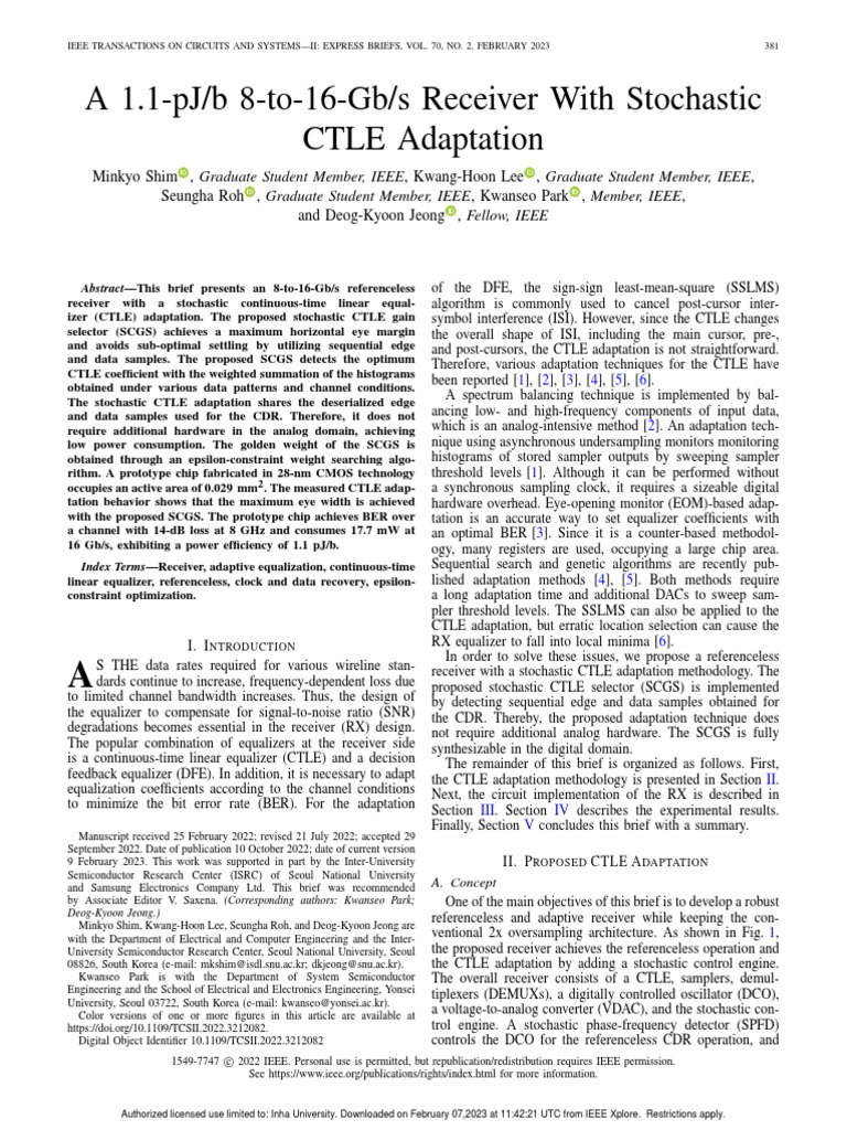 A 1.1-pJ B 8-To-16-Gb S Receiver With Stochastic CTLE Adaptation | PDF | Mathematical ...
