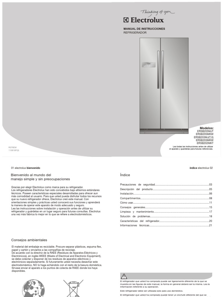 Manual Usuario Neveras Electrolux ERSB203MJX | PDF | Refrigerador | Alimentos