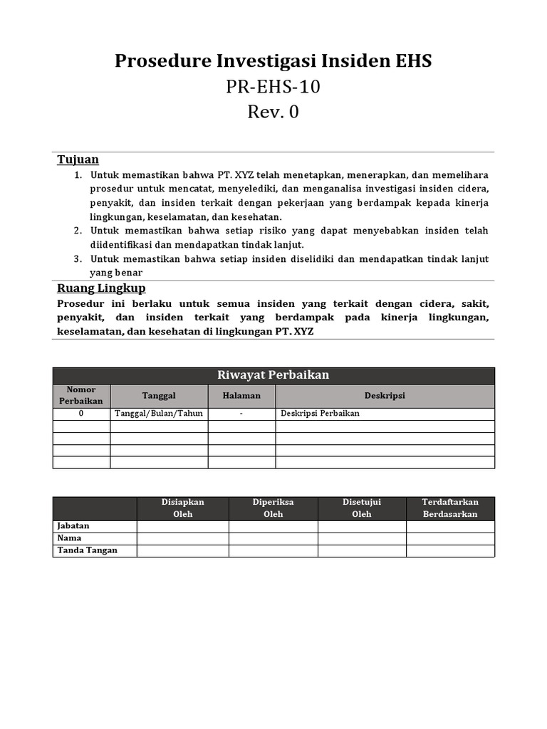 Prosedur Investigasi Insiden EHS PT. XYZ | PDF
