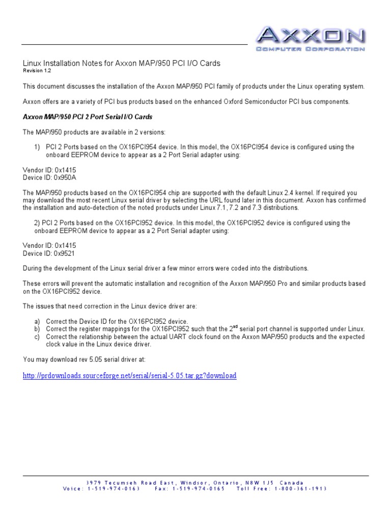 Installation and Configuration Instructions for Axxon MAP/950 PCI Serial I/O Cards on Linux ...