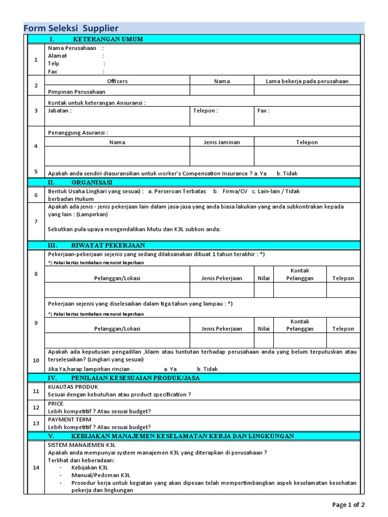 Contoh Form - Seleksi Dan Evaluasi Supplier | PDF Contoh Form - Seleksi Dan Evaluasi Supplier | PDF