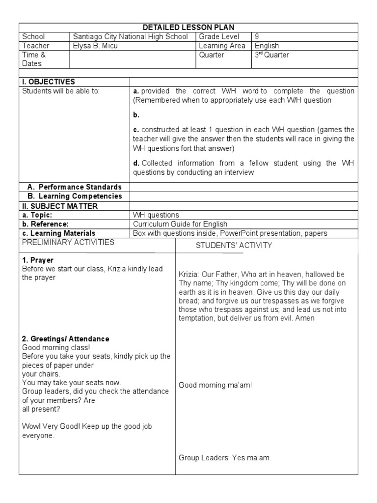 WH Lesson Plan | PDF | Question | Lord's Prayer