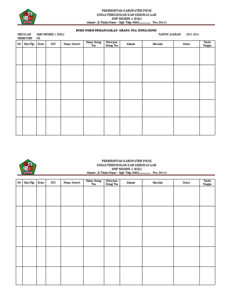Buku Form Pemanggilan Orang Tua Siswa | PDF